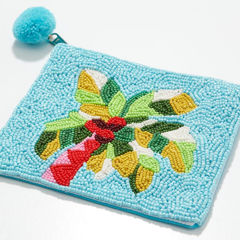 Beaded Palm Tree Coin Purse Tropical Beach-themed Zip Pouch With Pom ...
