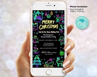 Editable Neon Christmas Party Invitation, Canva Template, Neon Holiday ...