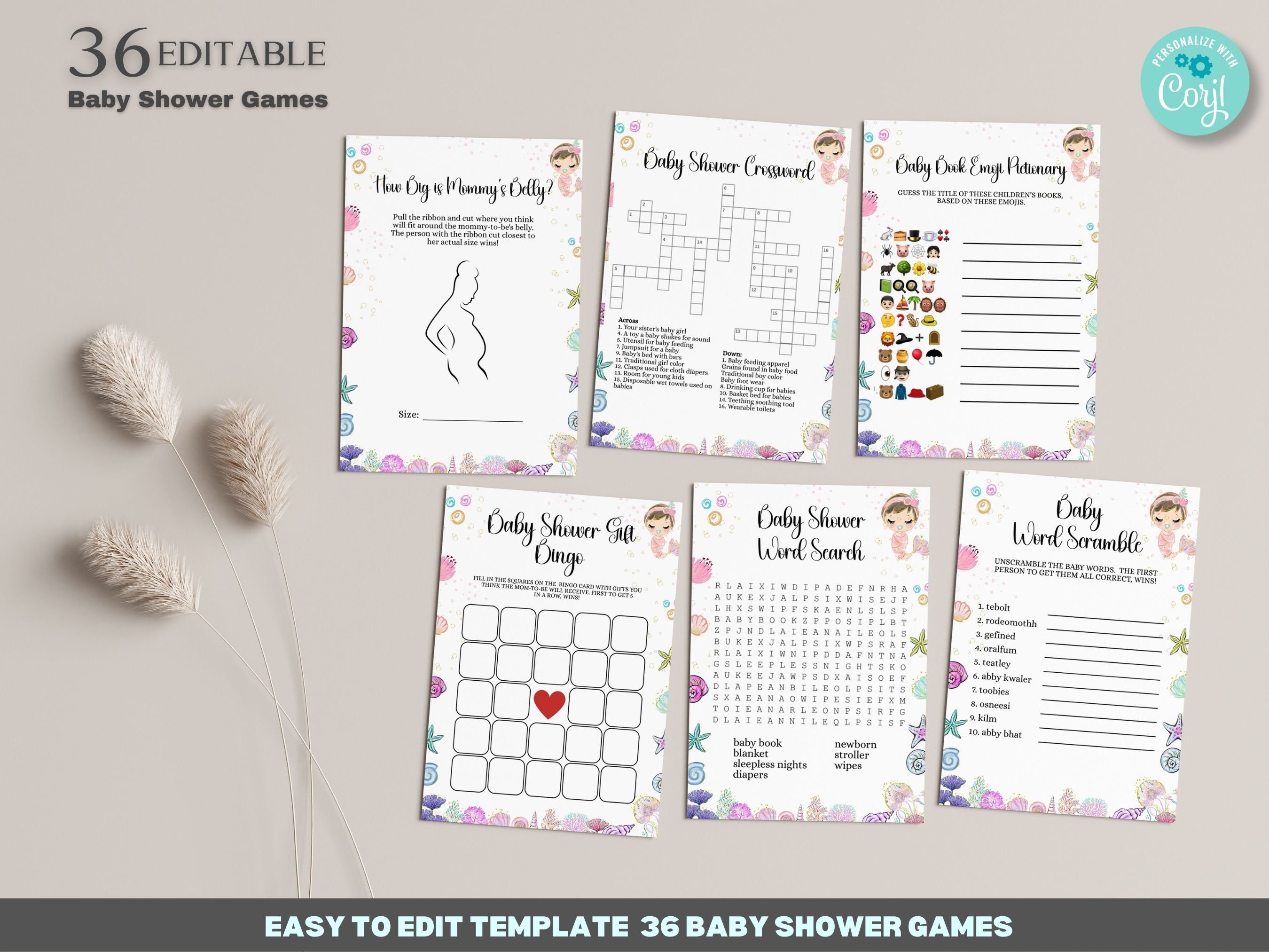 Editable Mermaid Baby Shower Games Bundle, Editable Template, Mermaid ...