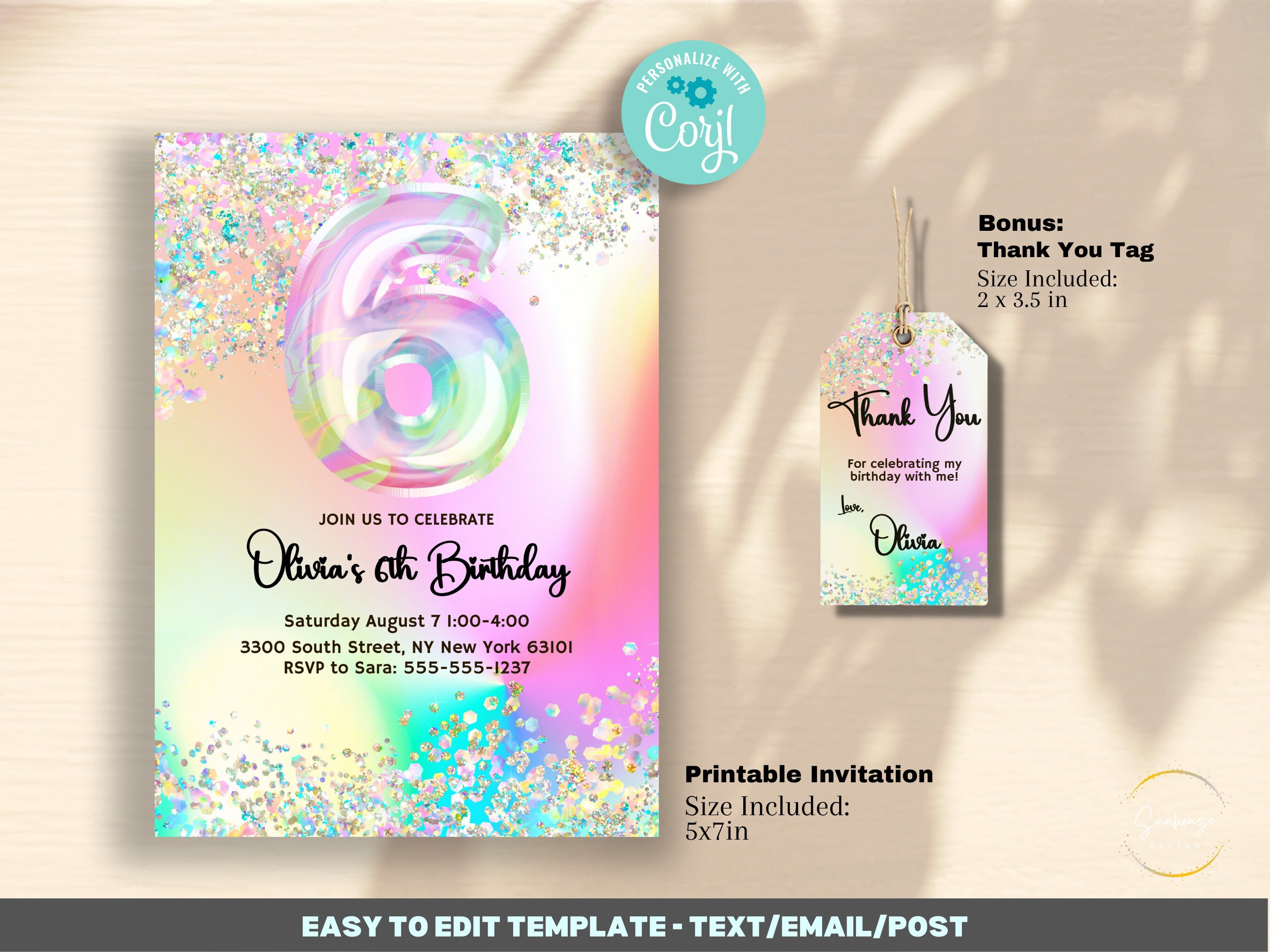 Editable 6th Birthday Invitation Template Printable, Glitter Iridescent ...