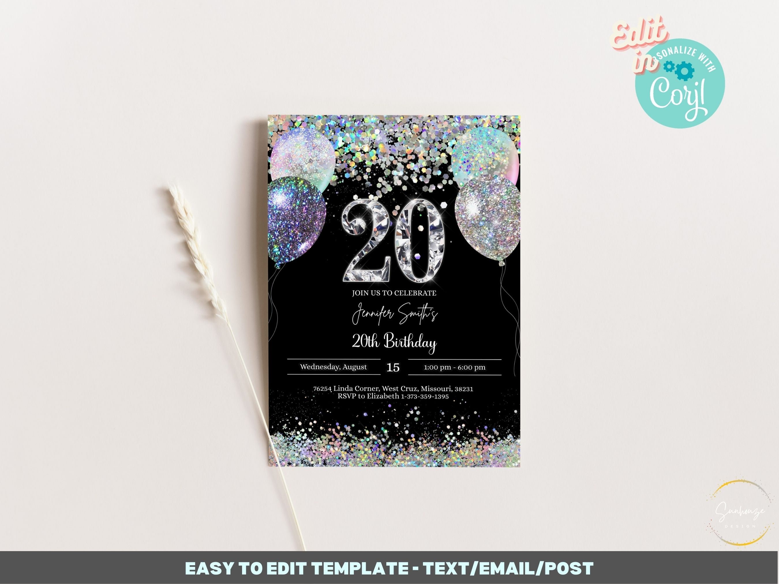 Editable 20th Birthday Invitation Template, Bling Invitation ...