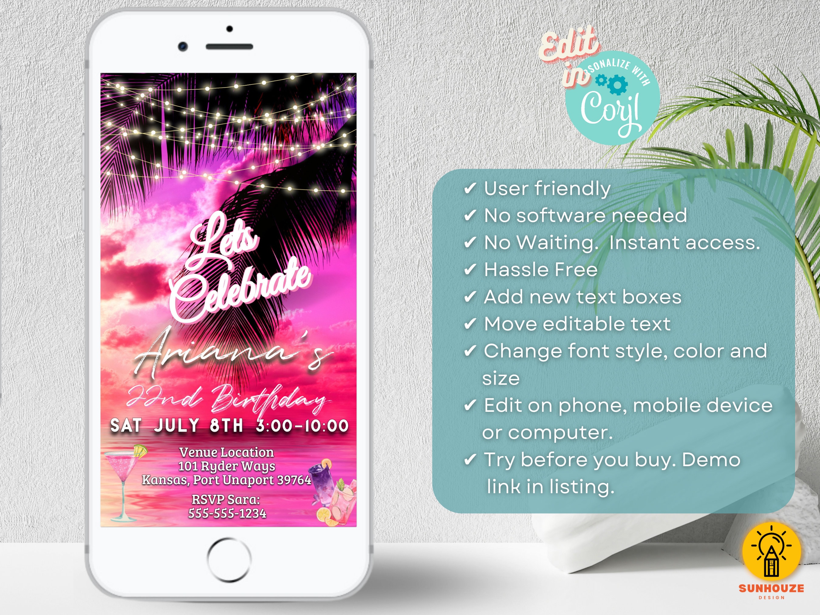 Digital Evite Birthday Invitation Template Miami Beach Tropical Palm ...