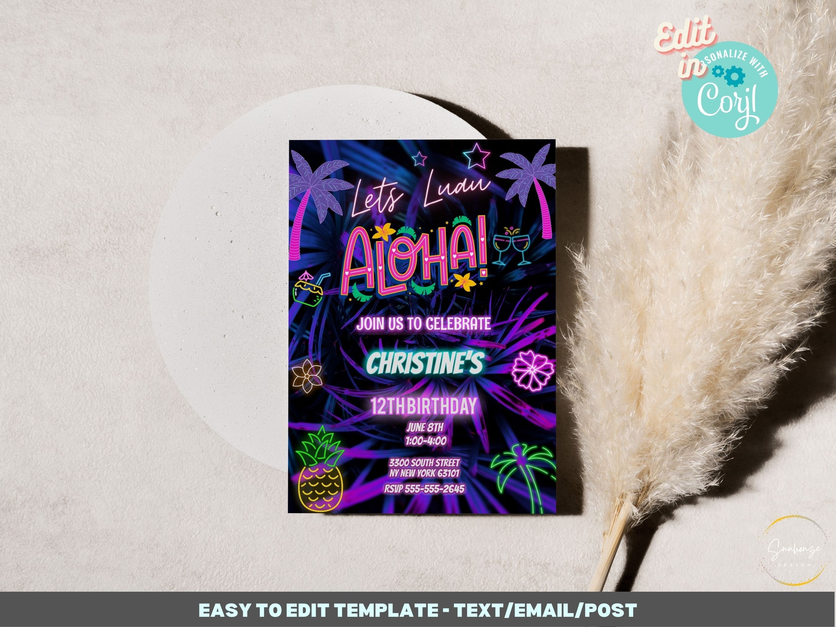 Aloha Invitation Hawaiian Invitation Invitation Template Neon - Etsy