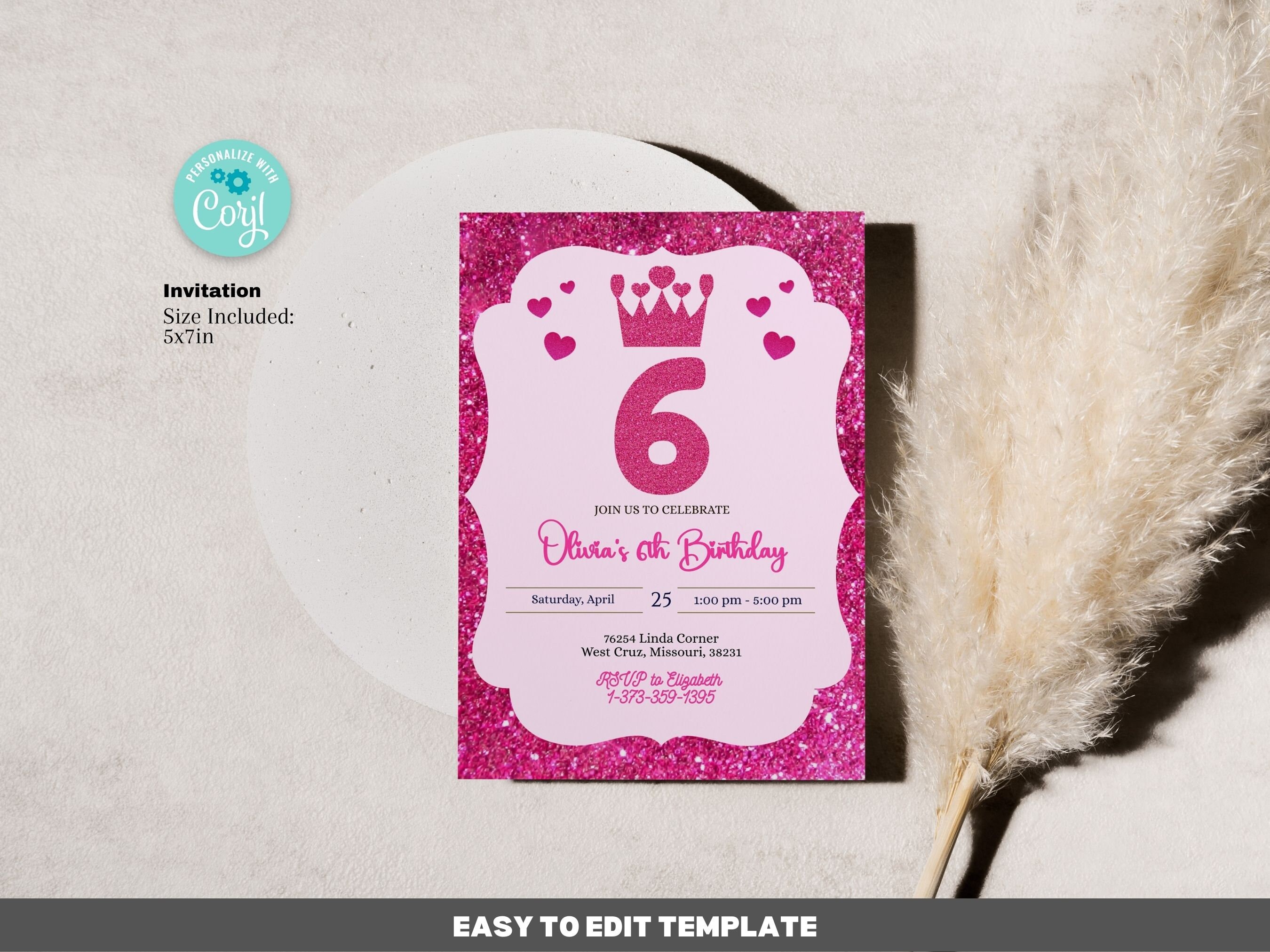 Editable 6th Birthday Invitation Template Printable, Pink Glitter ...