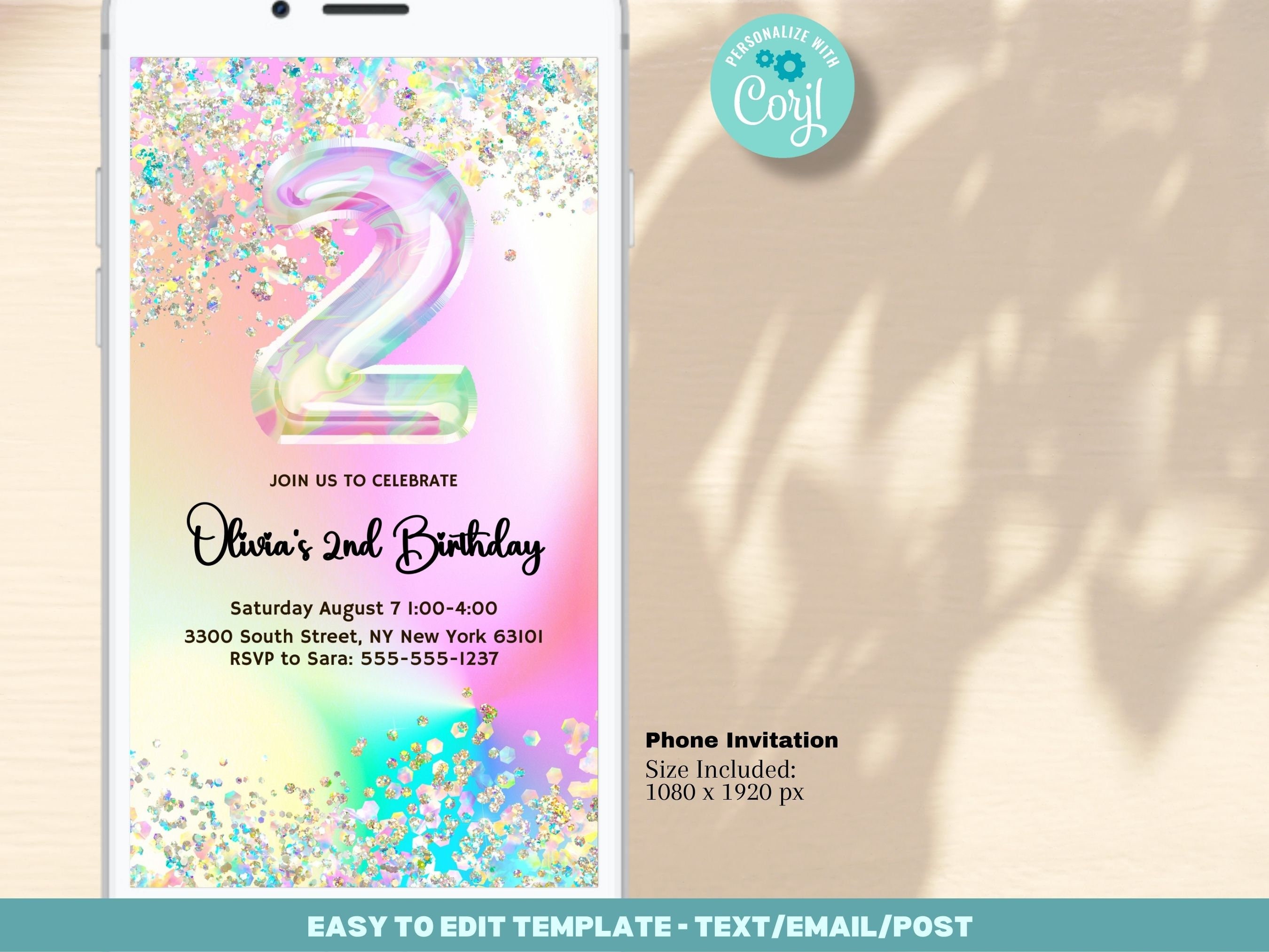 Editable 2nd Birthday Invitation Template, Glitter Iridescent ...