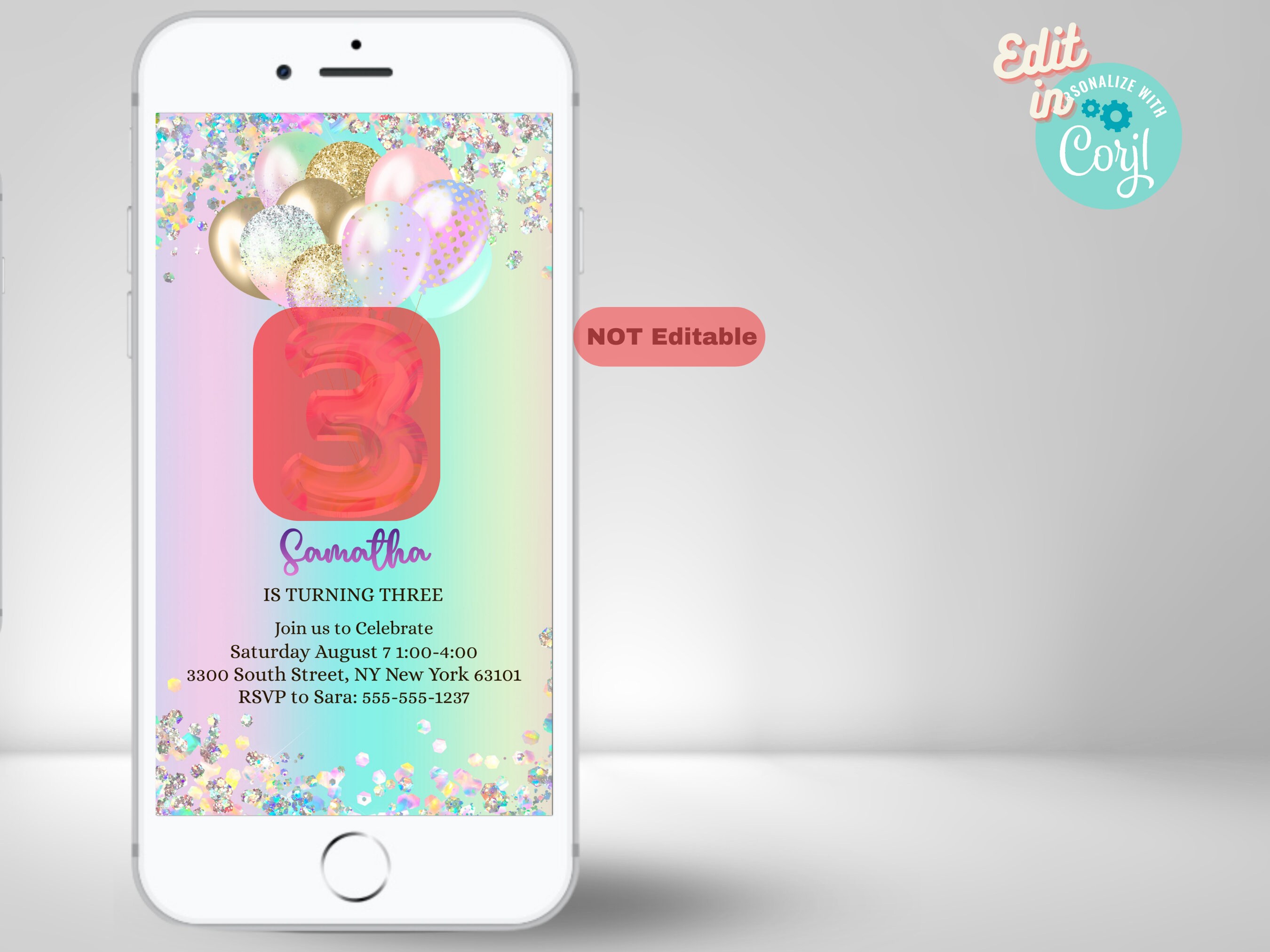 Editable 3rd Birthday Invitation Template, Glitter Iridescent ...