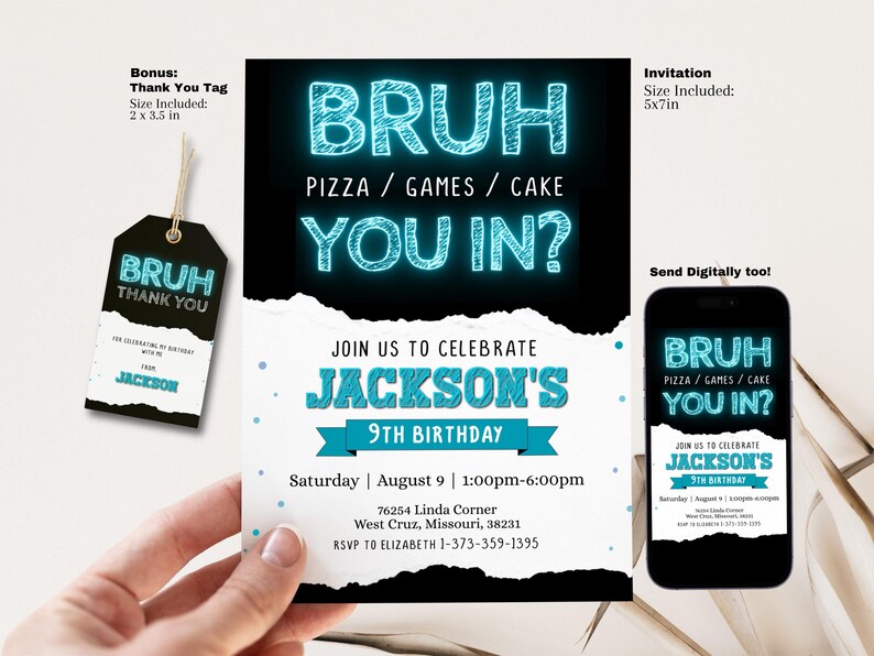 Editable Bruh Neon Birthday Invitation, Boy Birthday Party, Bruh You in ...