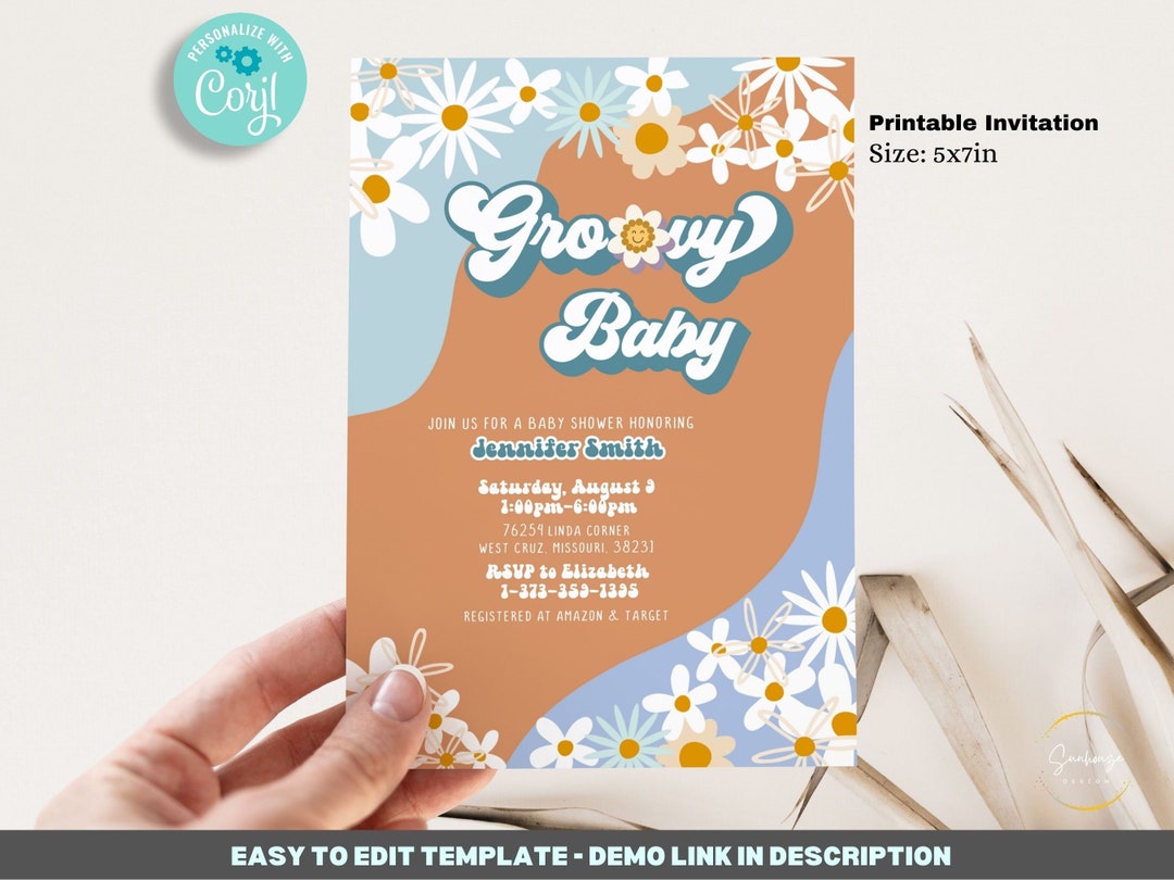 Editable Groovy Baby Shower Invitation Template, Shower 5x7, 70s Theme ...