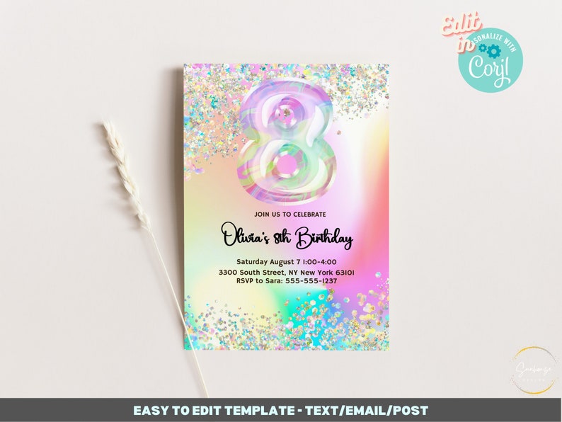 Editable 8th Birthday Invitation Template Printable Glitter - Etsy