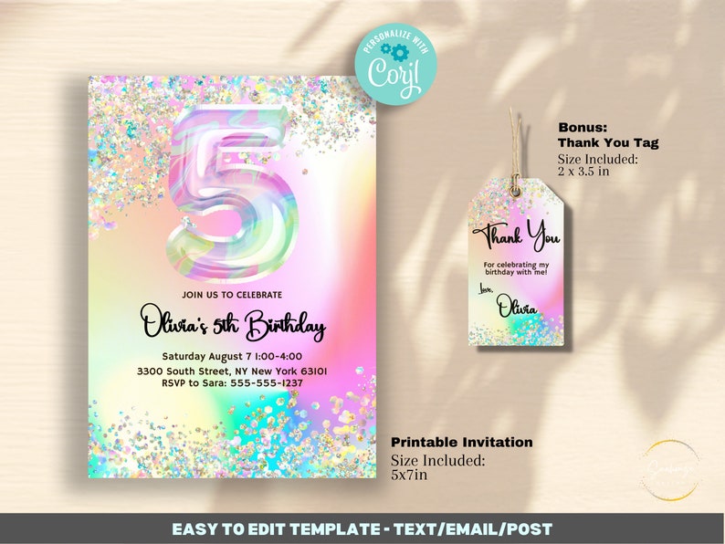 Editable 5th Birthday Invitation Template Printable, Glitter Iridescent ...