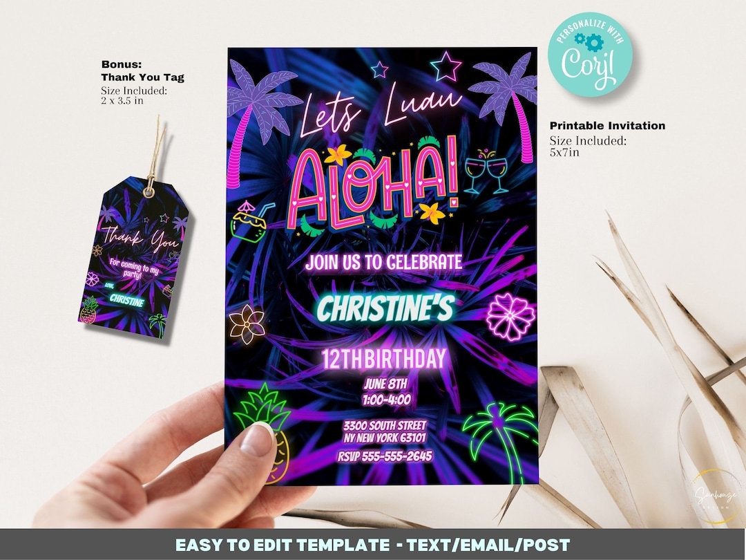 Aloha Invitation, Hawaiian Invitation Invitation Template Neon Party ...