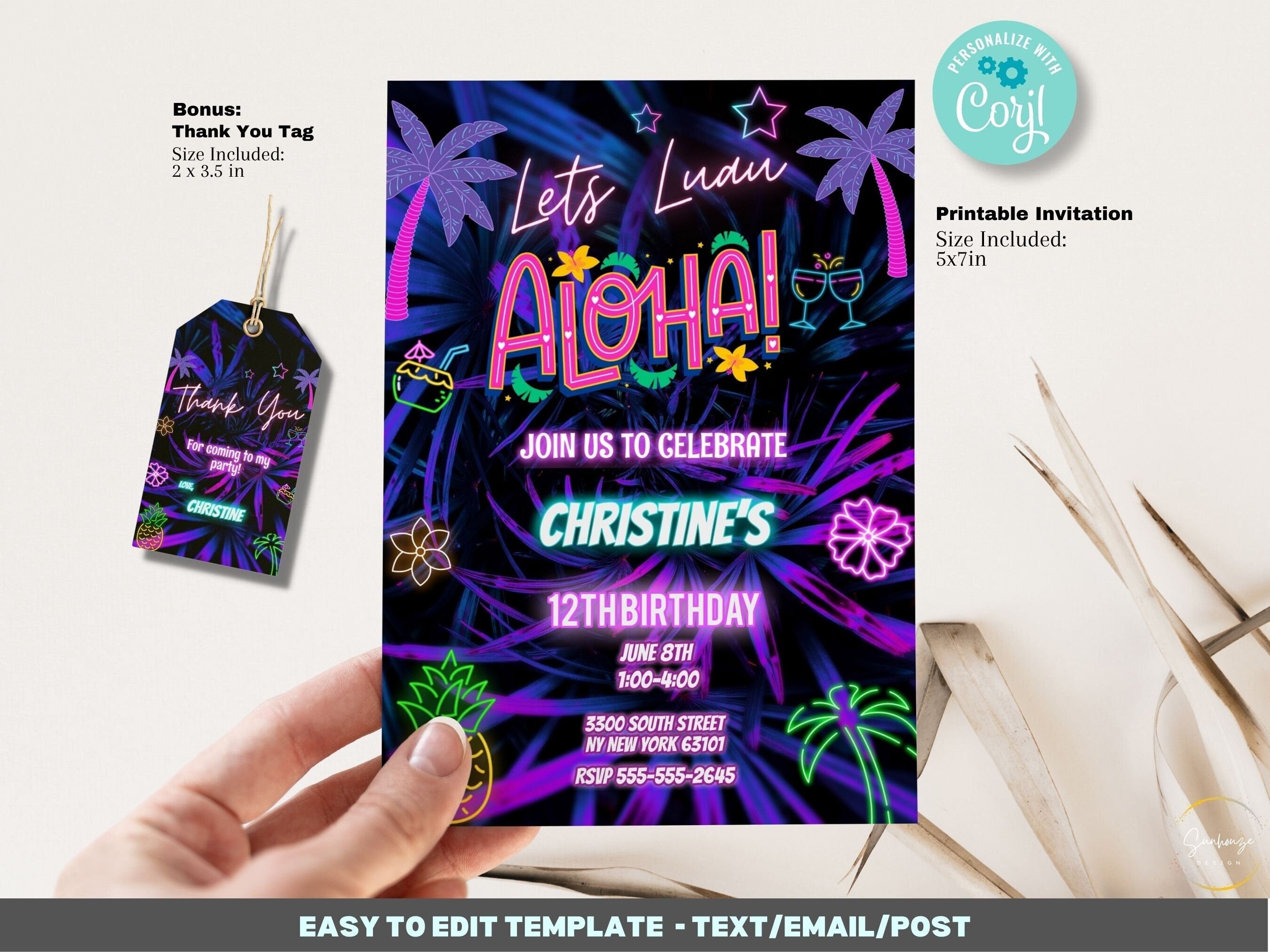 Aloha Invitation, Hawaiian Invitation Invitation Template Neon Party ...