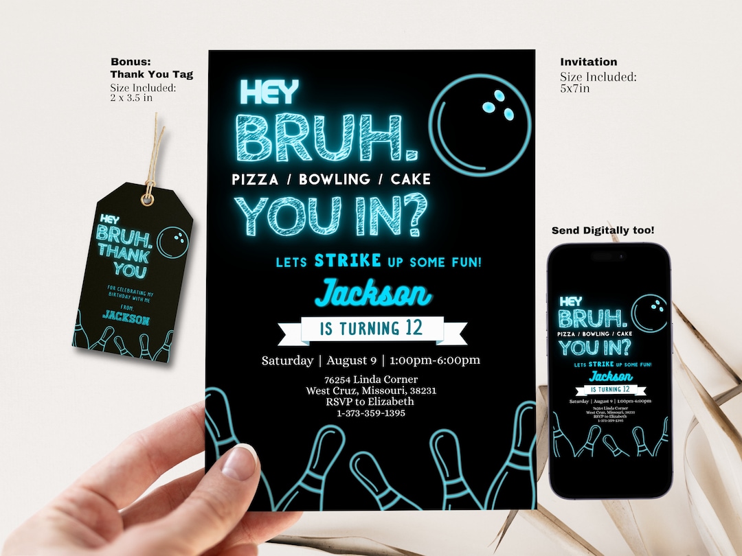 Editable Bowling Party Invitation, Bruh Neon Glow Bowling Birthday ...