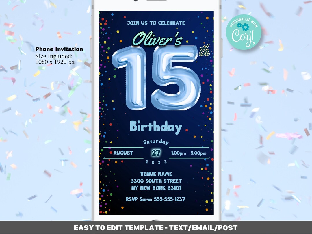 15th Birthday Invitation Template - Editable Template Digital Evite ...