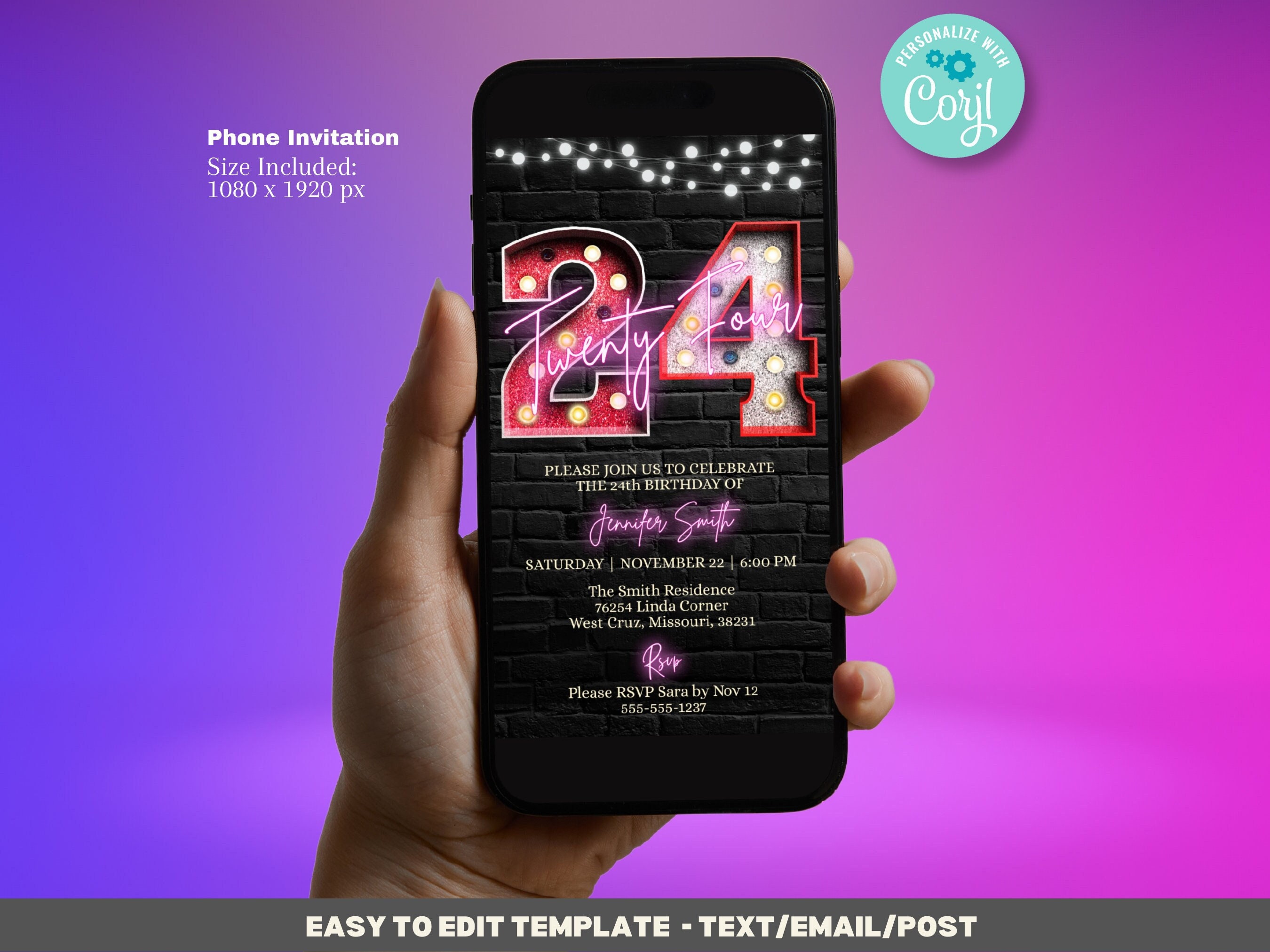 Editable 24th Birthday Invitation Template Digital Marquee - Etsy