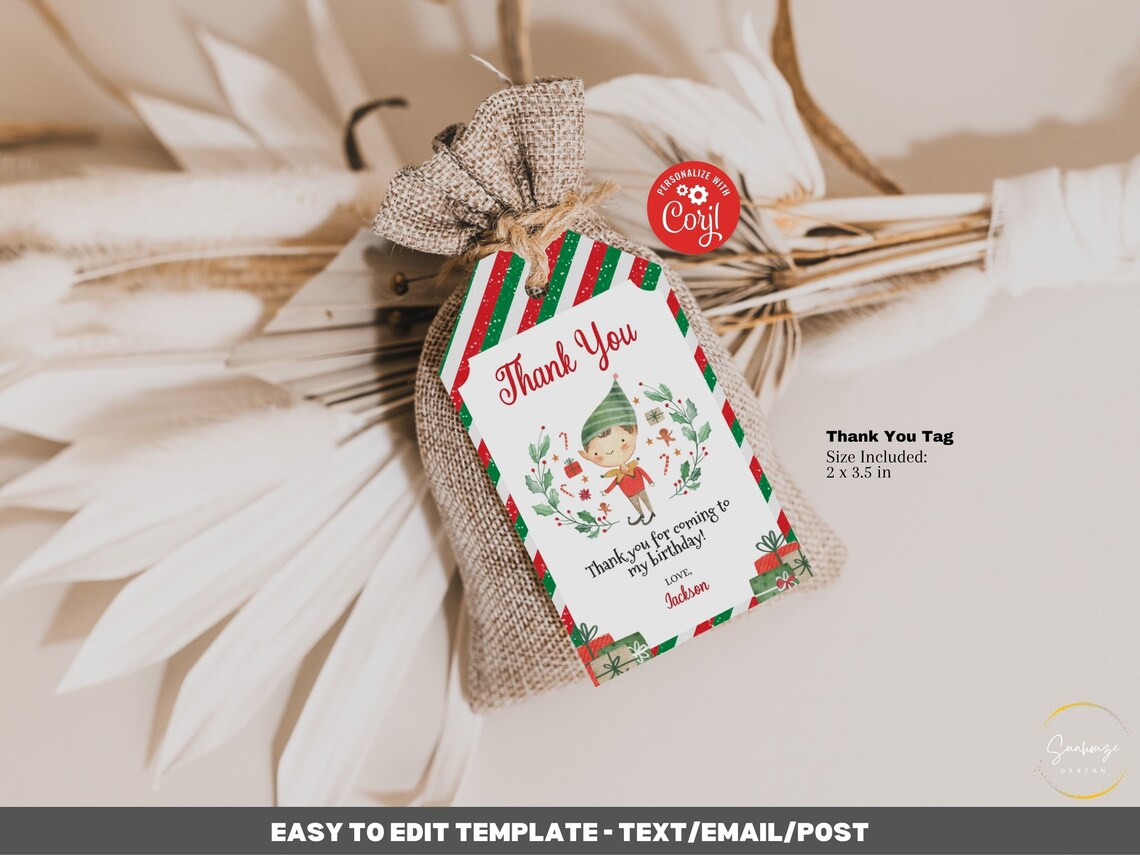 Editable Elf Birthday Invitation Template: Winter Party, Thank You Tag ...