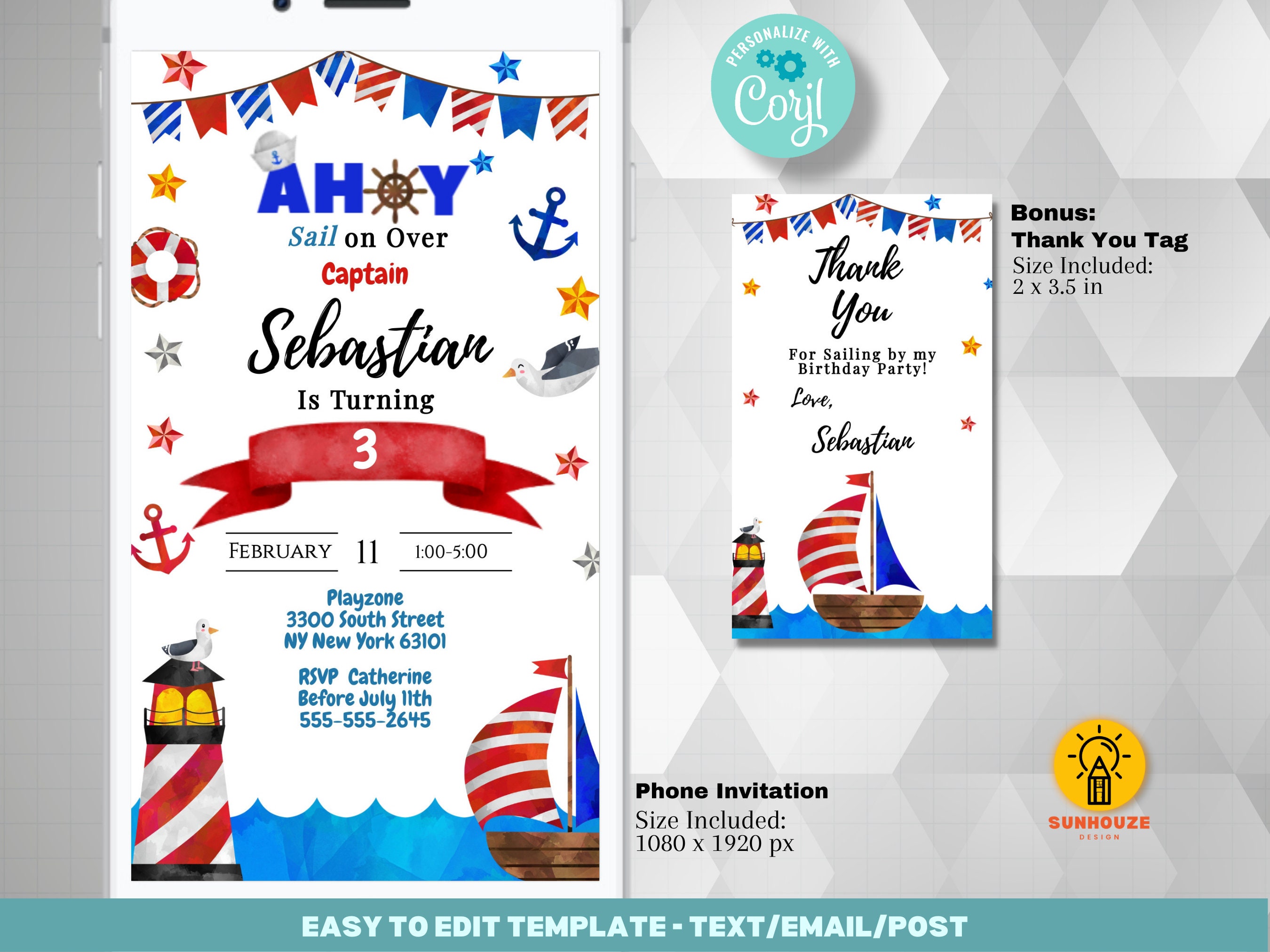 Nautical Invitation Template for Any Age Birthday Party, Ahoy Captain ...