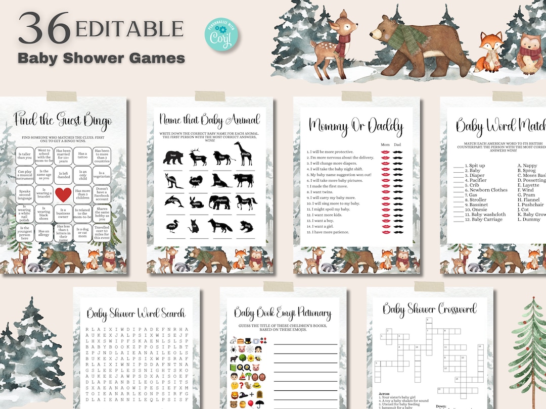 Editable Winter Woodland Baby Shower Games Bundle, Editable Template ...