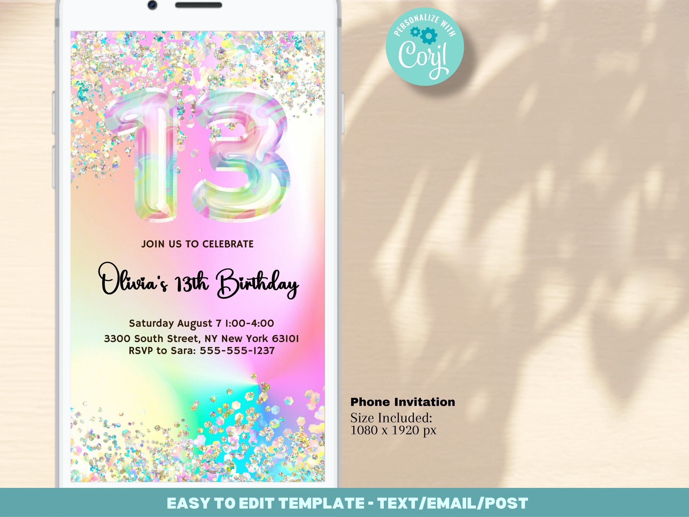 Editable 13th Birthday Invitation Template, Glitter Iridescent ...