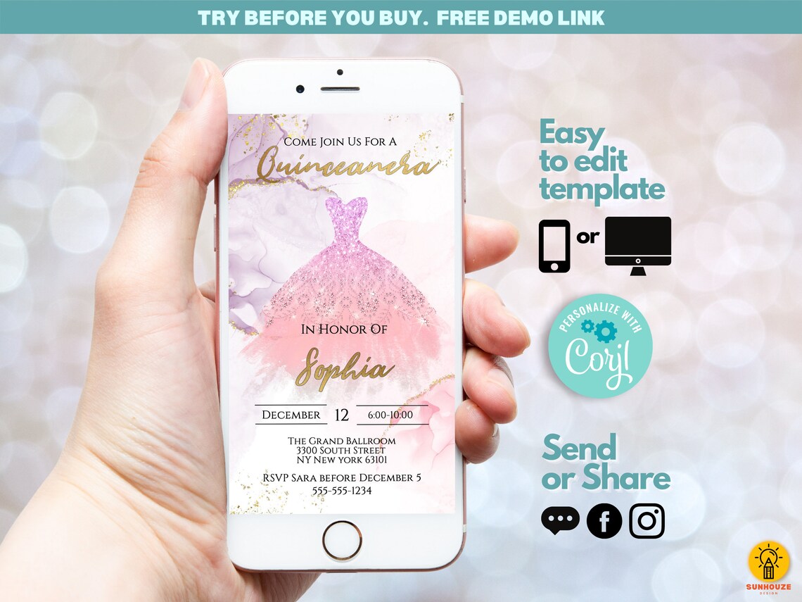 Editable Quinceanera Birthday Invitation Template Evite Send - Etsy