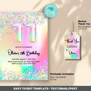 Editable 11th Birthday Invitation Template Printable, Glitter ...