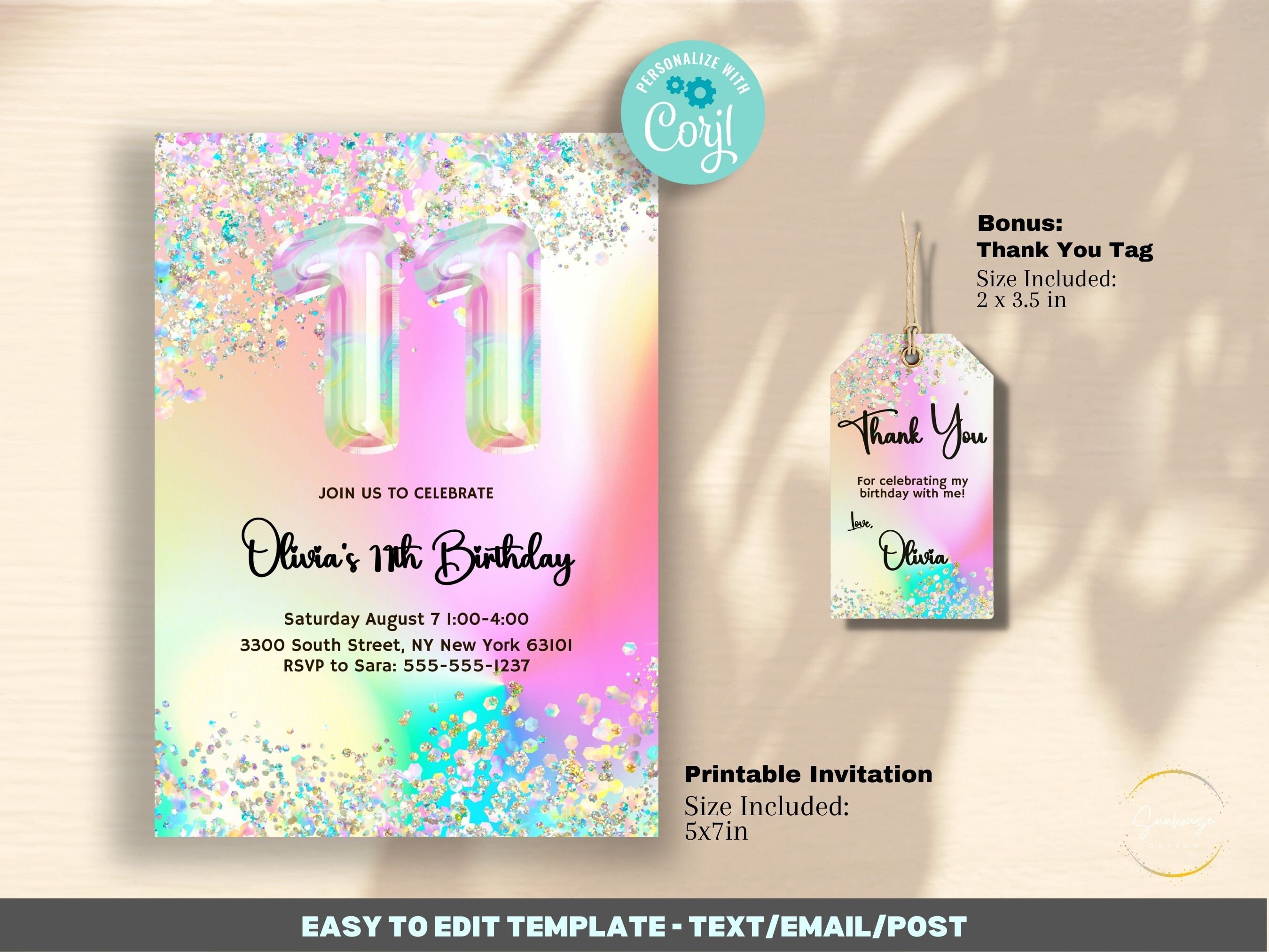 Editable 11th Birthday Invitation Template Printable, Glitter ...