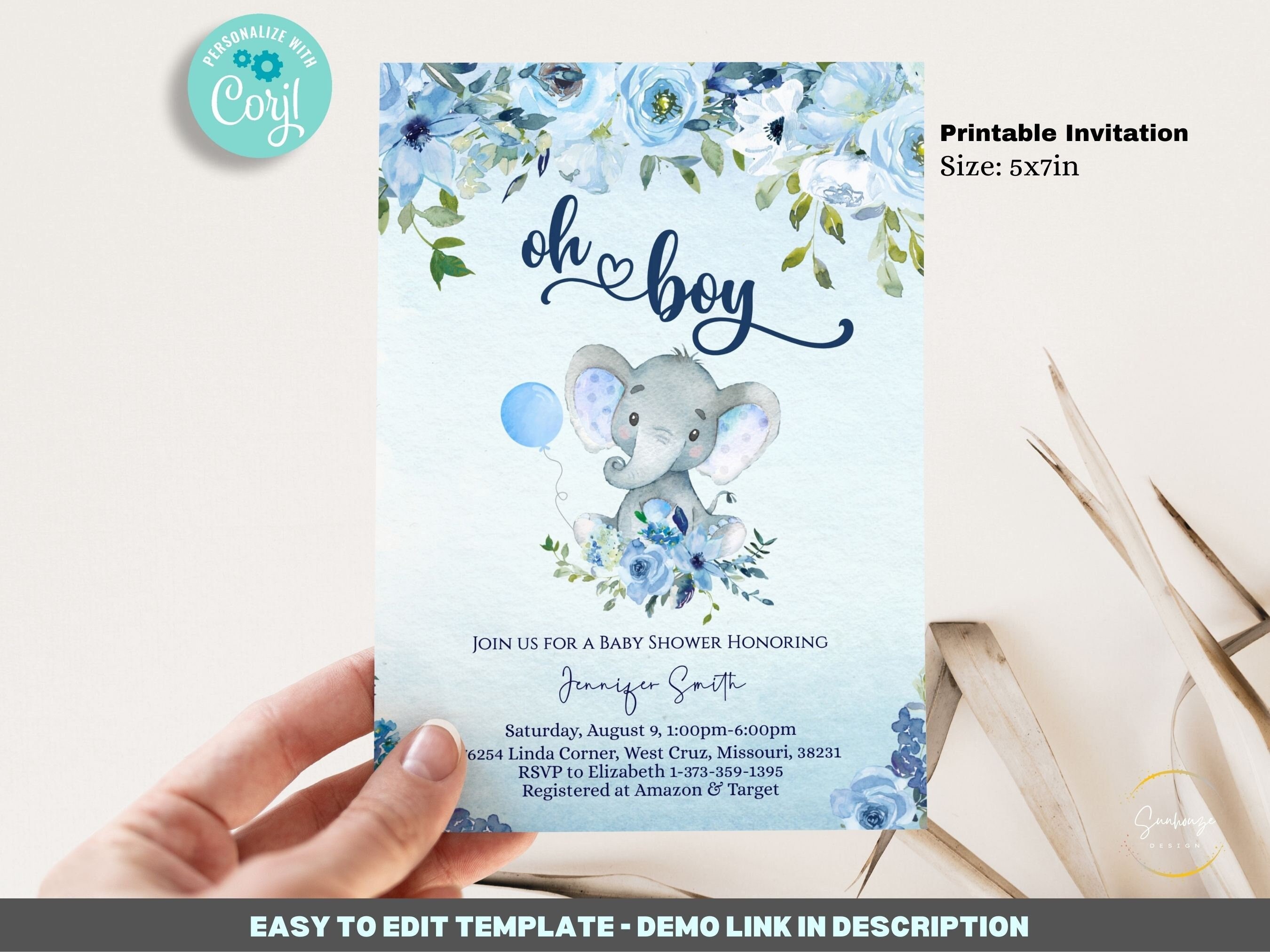Editable Blue Elephant Baby Shower Invitation Boy Template 5x7 ...