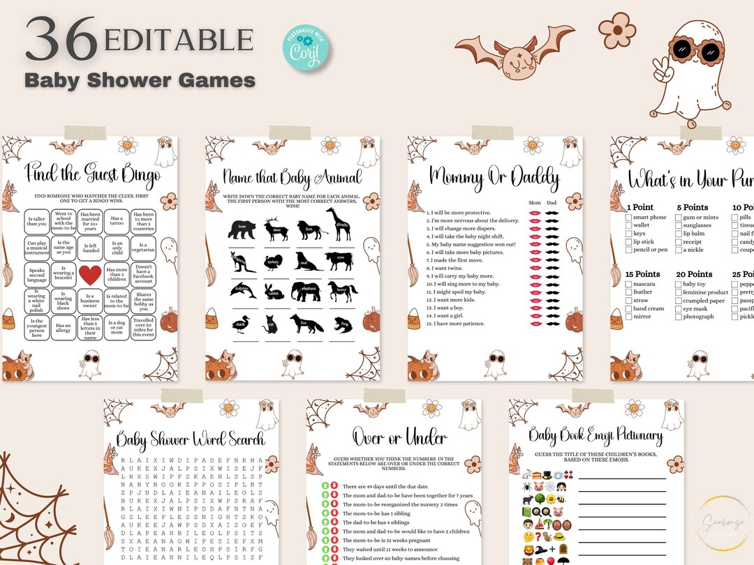 Editable Groovy Halloween Baby Shower Games Bundle, Editable Template ...