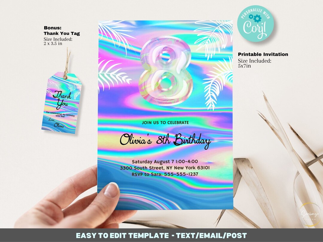 Editable 8th Birthday Invitation Template Printable, Glitter Iridescent ...