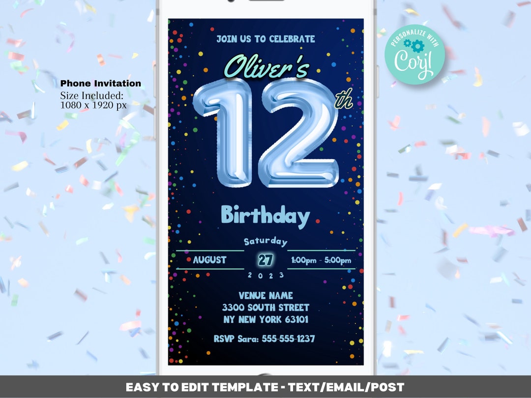 12th Birthday Invitation Template - Editable Template Digital Evite ...