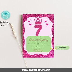 Editable 7th Birthday Invitation Template Printable, Pink Glitter ...
