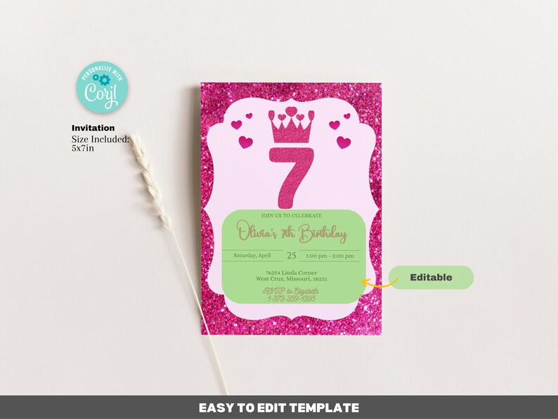 Editable 7th Birthday Invitation Template Printable, Pink Glitter ...