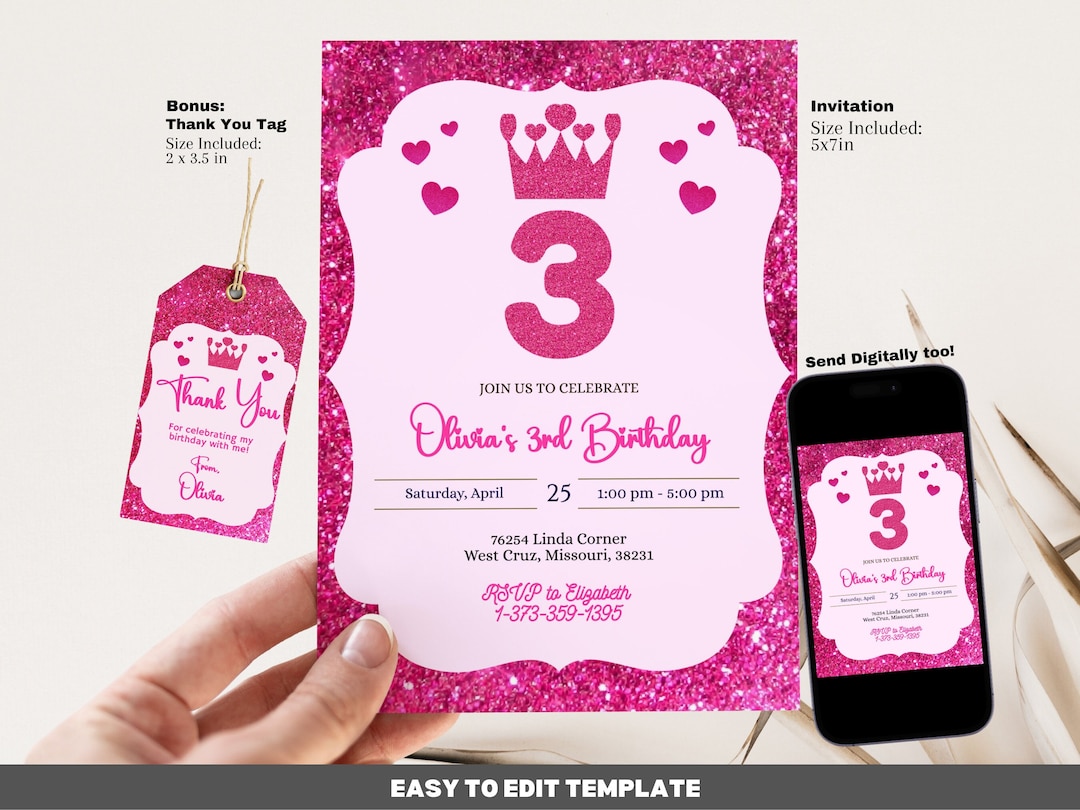 Editable 3rd Birthday Invitation Template Printable, Pink Glitter ...