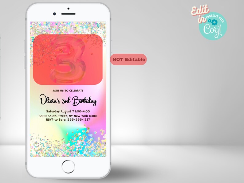 Editable 3rd Birthday Invitation Template Glitter Iridescent - Etsy