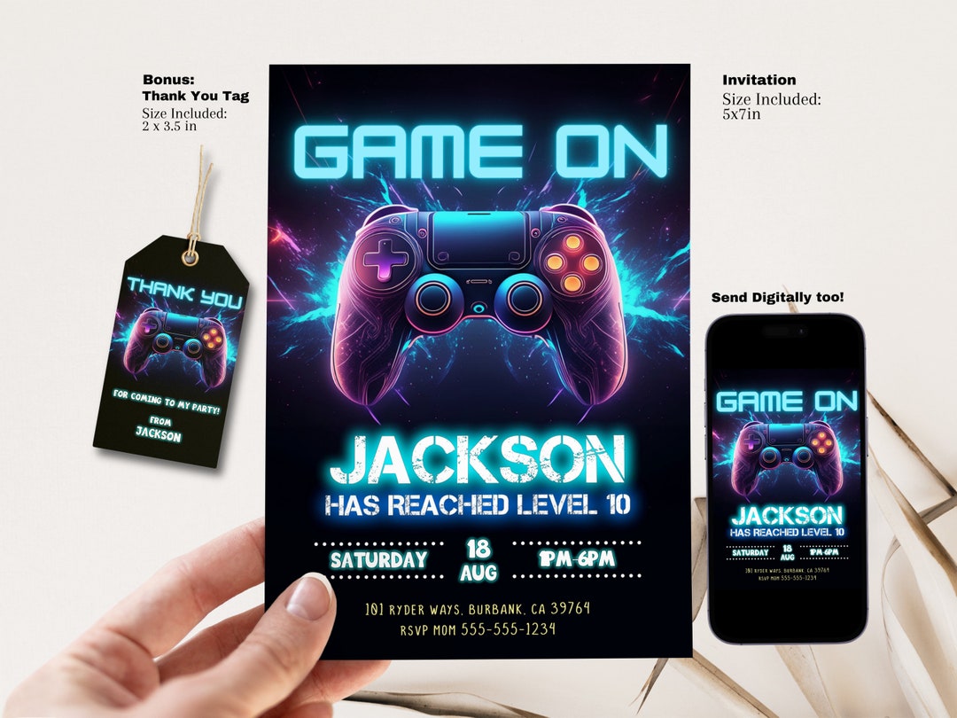 Editable Video Game Party Invitation - Neon Glow Gamer Birthday Party ...