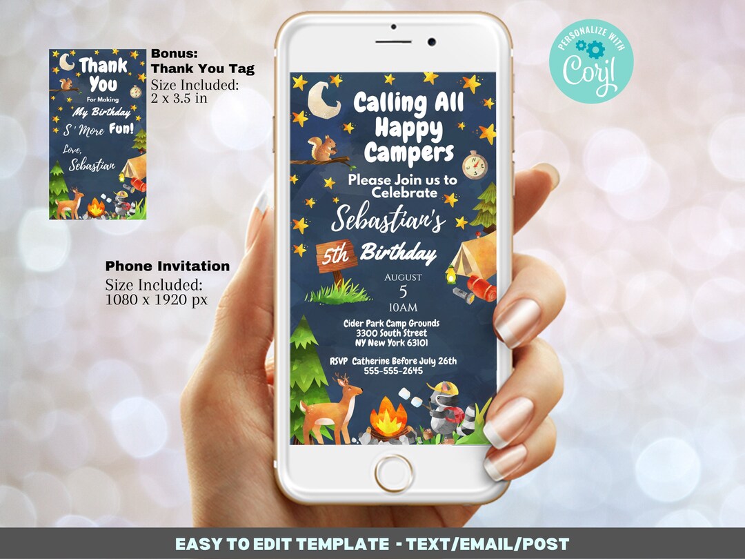 Camping Invitation Template - Camping Birthday Party - Editable ...
