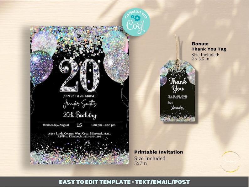 Editable 20th Birthday Invitation Template, Bling Invitation ...