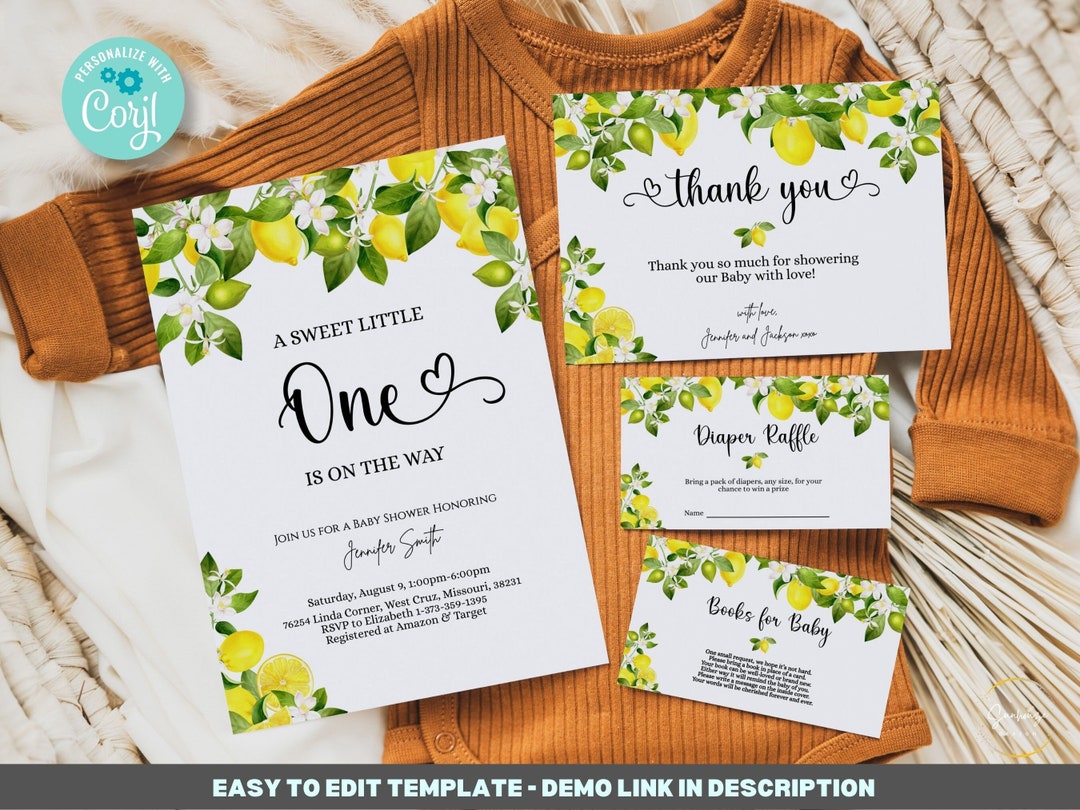 Editable Lemon Baby Shower Invitation Template Bundle, Sweet Little One ...