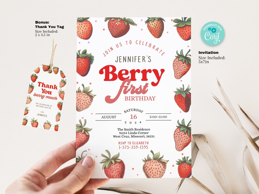 Editable Strawberry 1st Birthday Invitation Template, Berry First ...