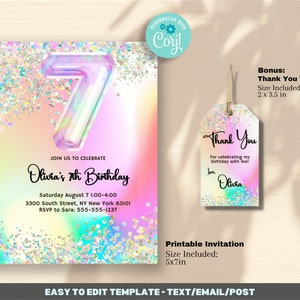 Editable 7th Birthday Invitation Template Printable, Glitter Iridescent ...