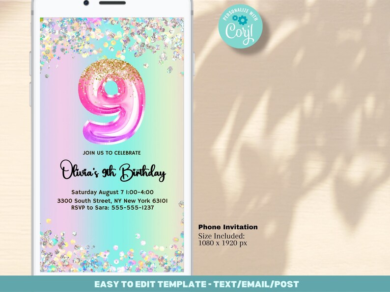 Editable 9th Birthday Invitation Template, Pink Balloon Glitter ...