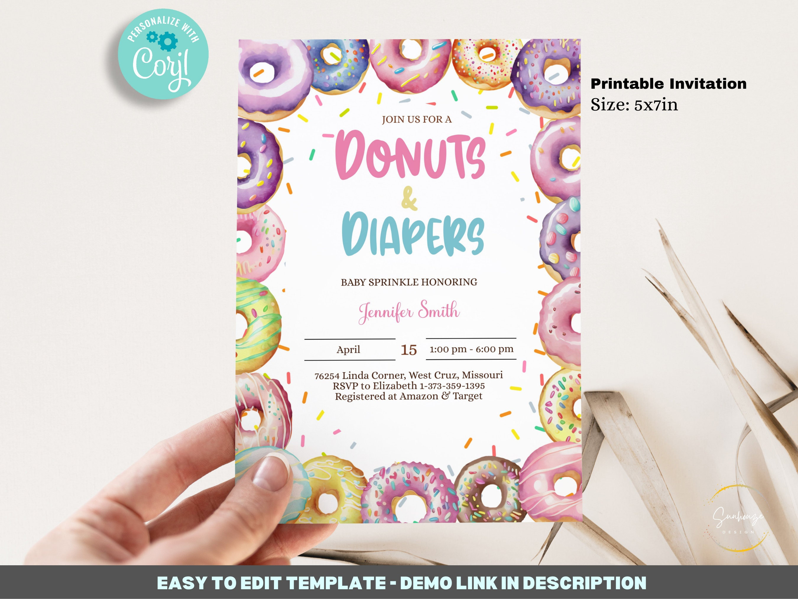Editable Donuts and Diapers Baby Shower Invitation Template BUNDLE ...
