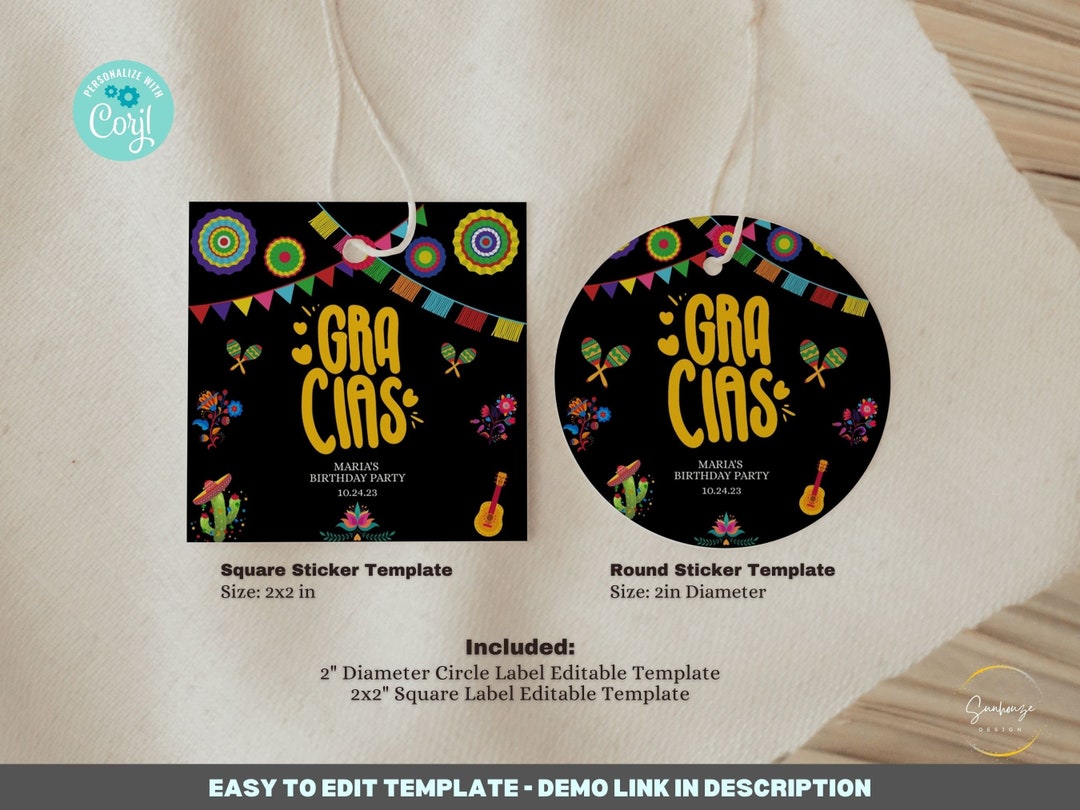 Fiesta Birthday Label Template: Editable Square & Circle Sticker ...