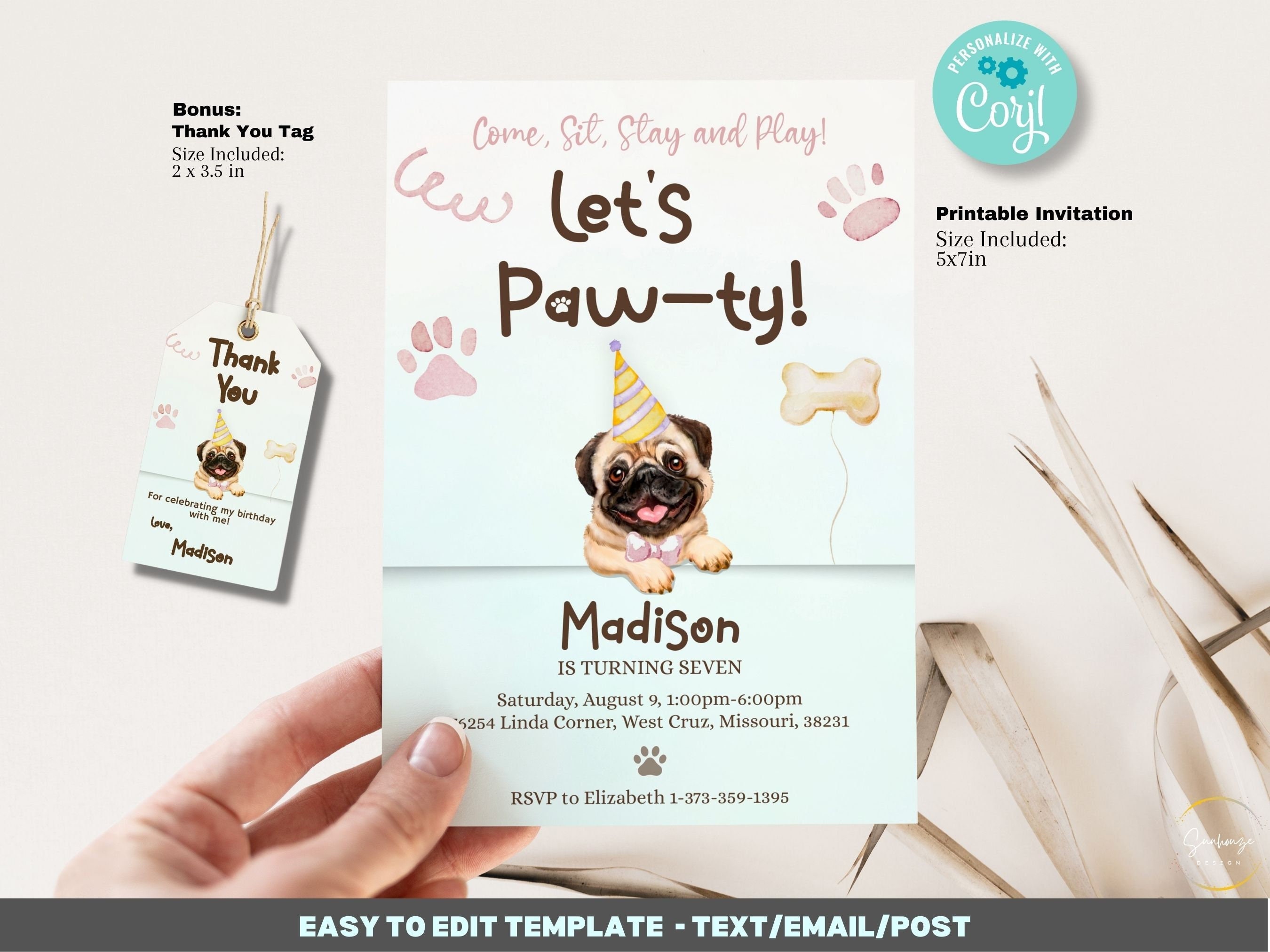 Editable Pug Birthday Party Invitation Template, Dog Birthday Party ...