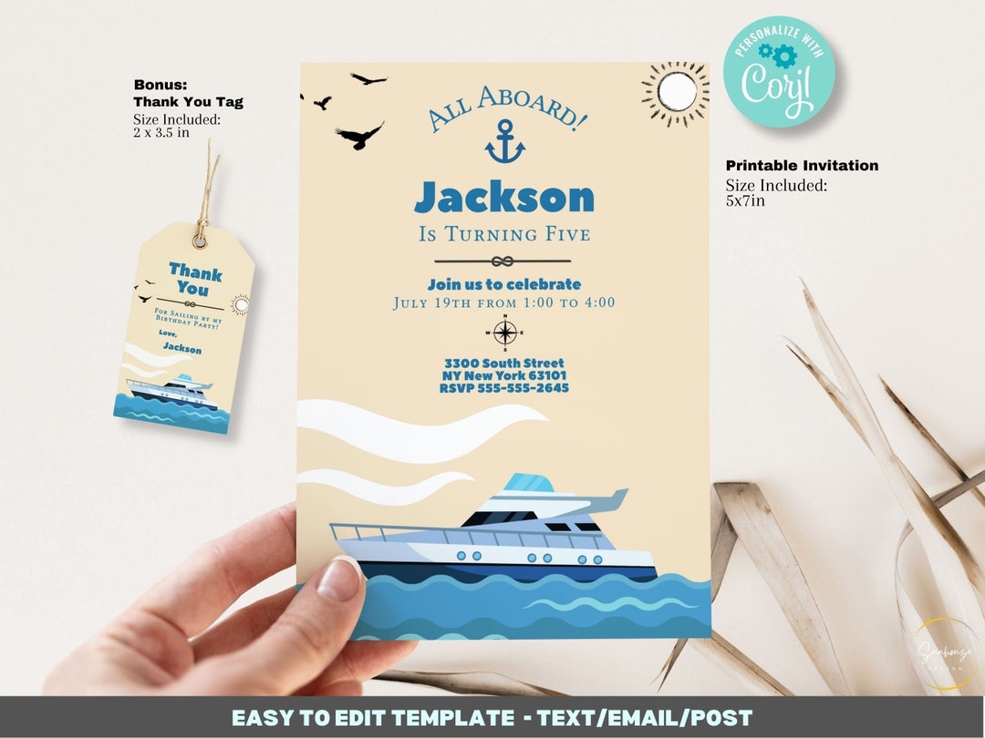 Editable All Aboard Yacht Birthday Party Invitation Template Printable ...