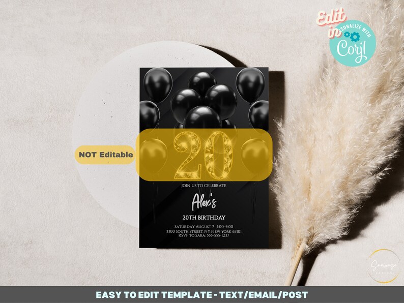 Editable 20th Birthday Invitation Template, Bling Invitation, Black ...