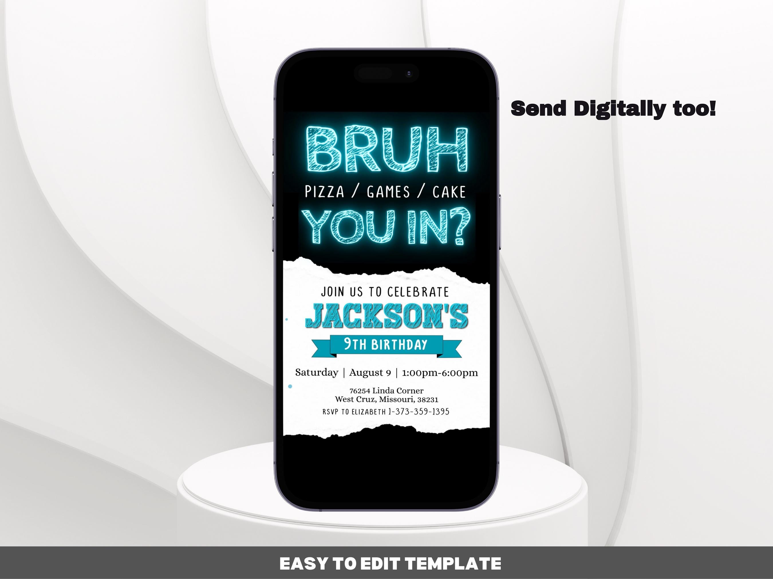 Editable Bruh Neon Birthday Invitation, Boy Birthday Party, Bruh You in ...