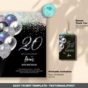 Editable 20th Birthday Invitation Template, Bling Invitation, Blue ...