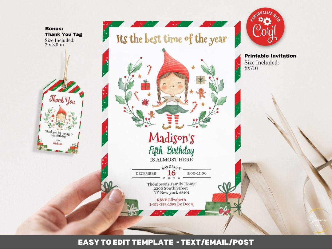 Editable Elf Birthday Invitation Template - Winter Birthday Invite ...