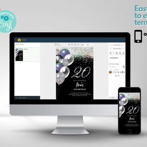 Editable 20th Birthday Invitation Template, Bling Invitation, Blue ...